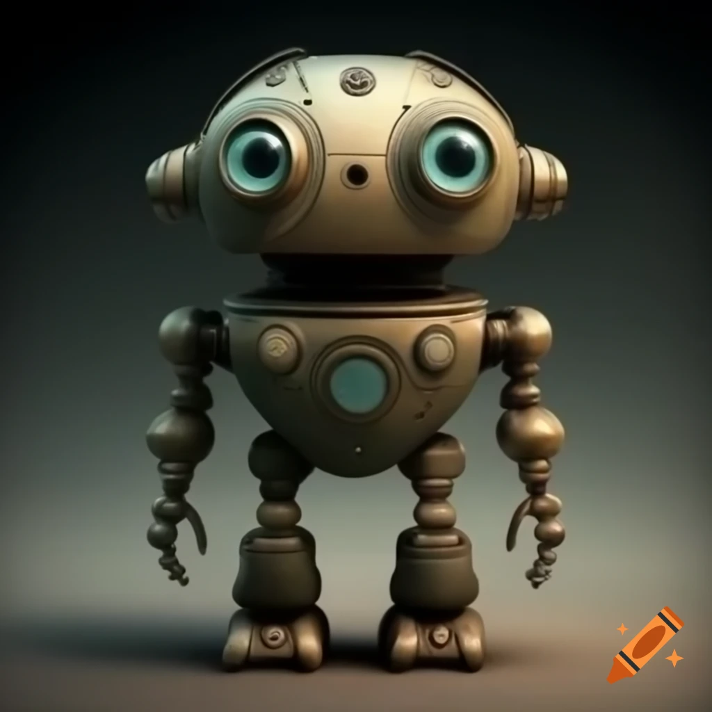 Small ancient bronze robot with round shape and markings on Craiyon