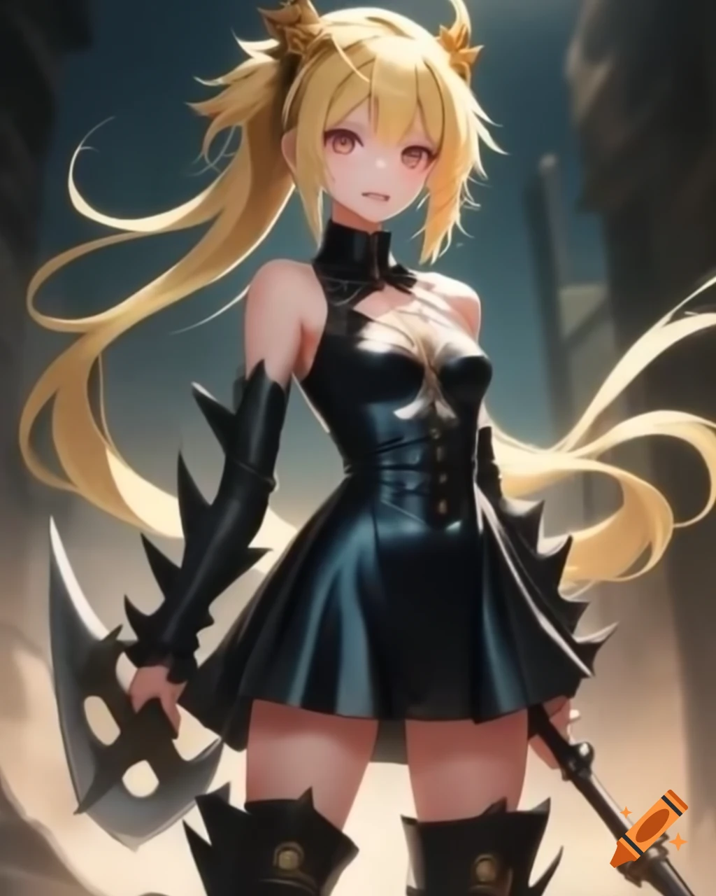Anime girl with sharp grin and blonde ponytail in black dress and boots ...