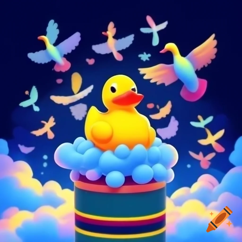 Rubber duck on colorful cloud with abstract creatures surrounding it on ...