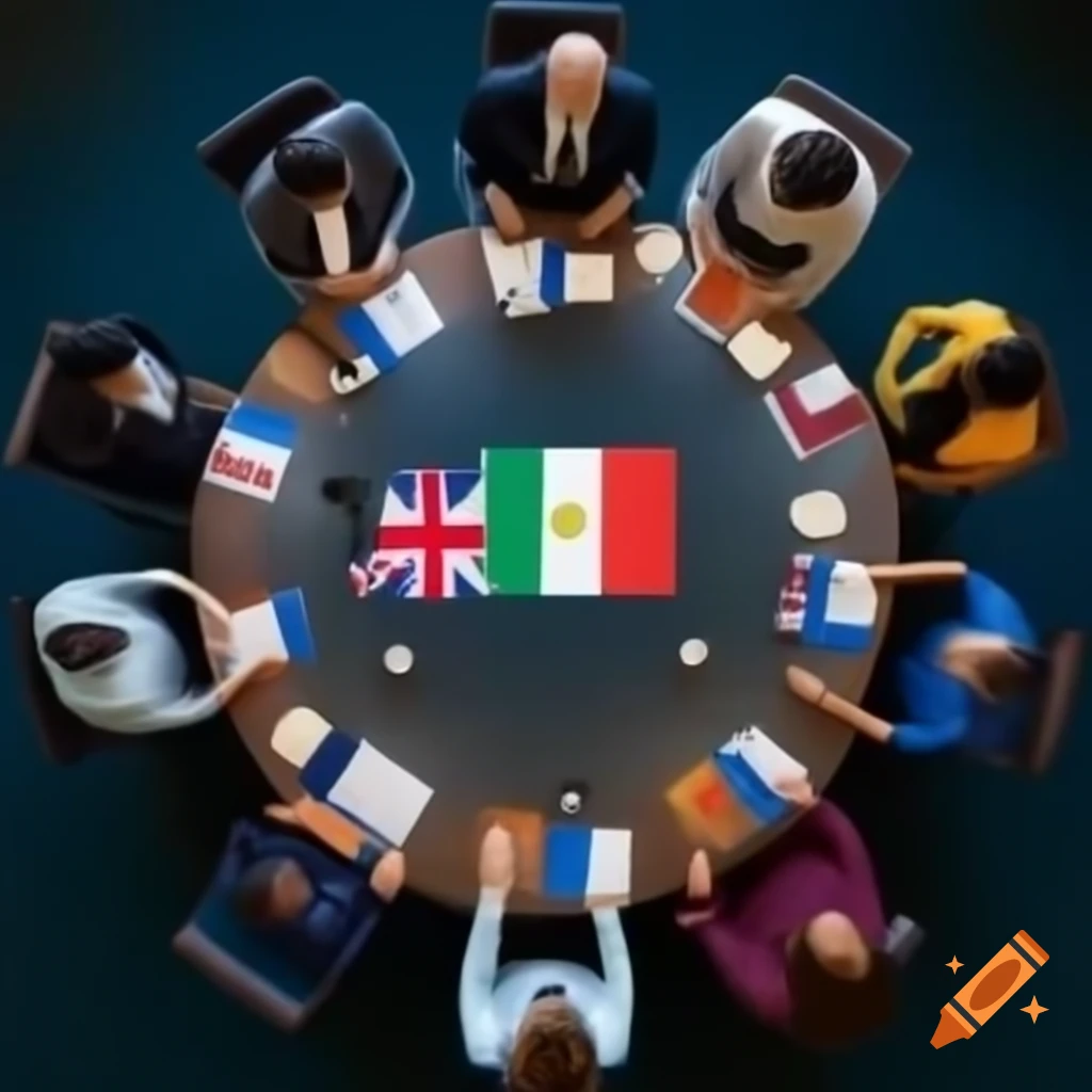 Round table with 10 seats displaying flags of italy, usa, china, canada ...