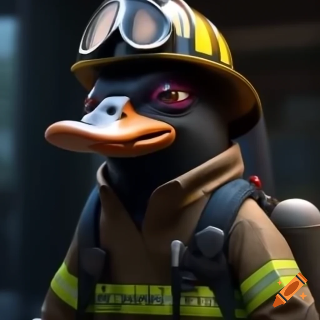 Ruby-colored platypus in firefighter gear ready for action on Craiyon