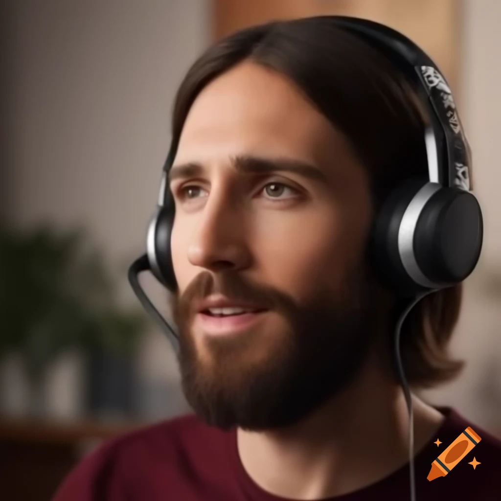 Empathic depiction of jesus christ in a call center with headset on Craiyon