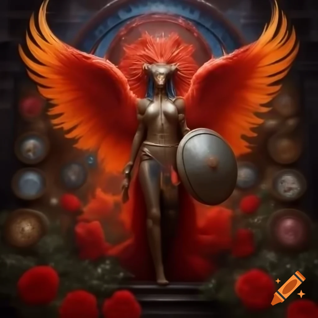 Empowered female warrior with phoenix and baccarat roses symbolizing ...