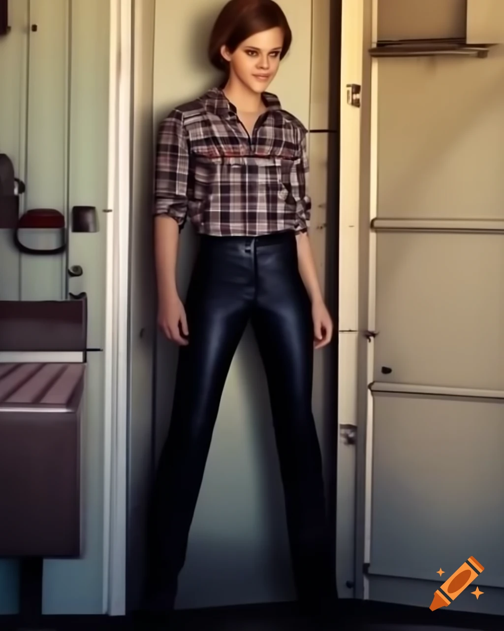 British actress Emma Watson posing in doorway wearing plaid shirt and ...