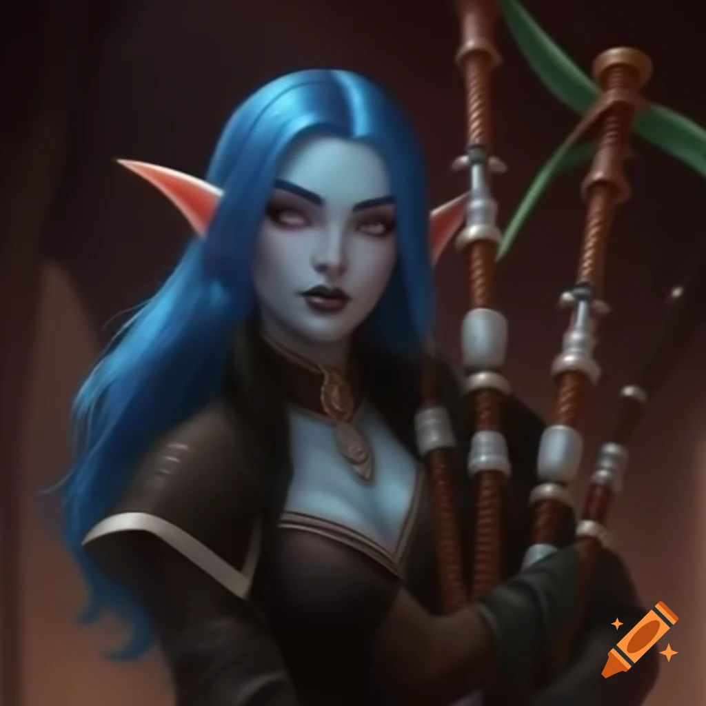 Dark elf bard with blue hair playing ornate bagpipes on Craiyon