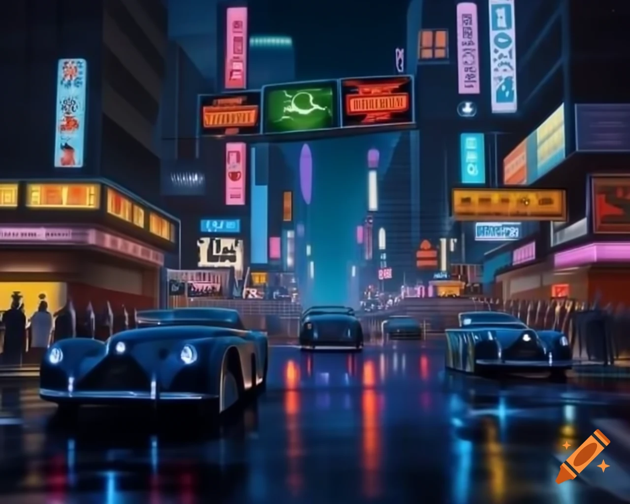 Retro-futuristic 1940s metropolis with streamlined cars and neon ...