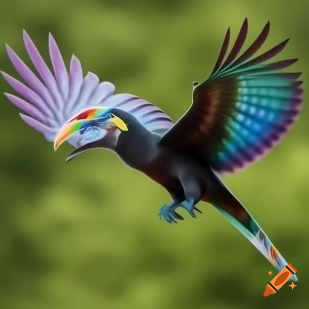 Friendly flying dinosaur with black skin and rainbow eyes perched on a pine branch on Craiyon