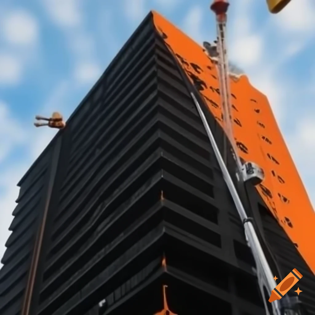 Professional painting crew working on black and orange high-rise ...