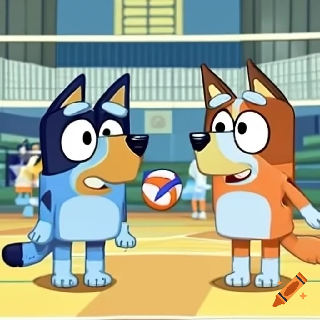 Bluey and Bingo playing volleyball in school gym on Craiyon