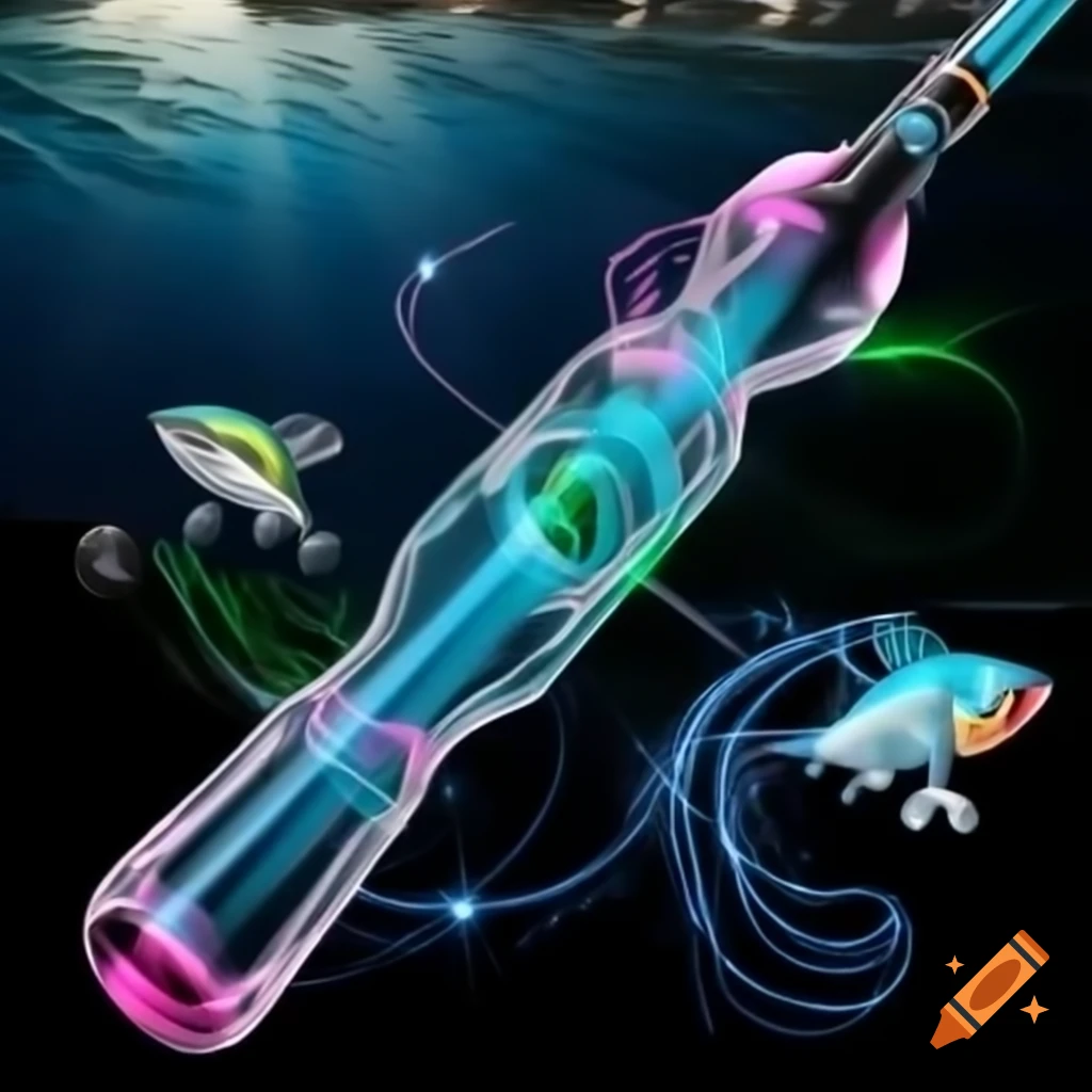 Futuristic oversized fishing rod made of liquid crystal with glowing ...