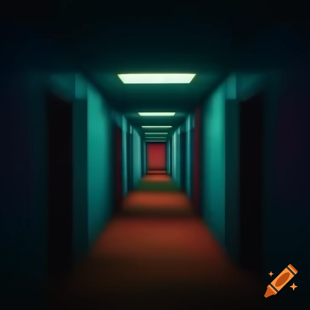 Scary pixel art hallway with three paths, foggy dark colors on Craiyon
