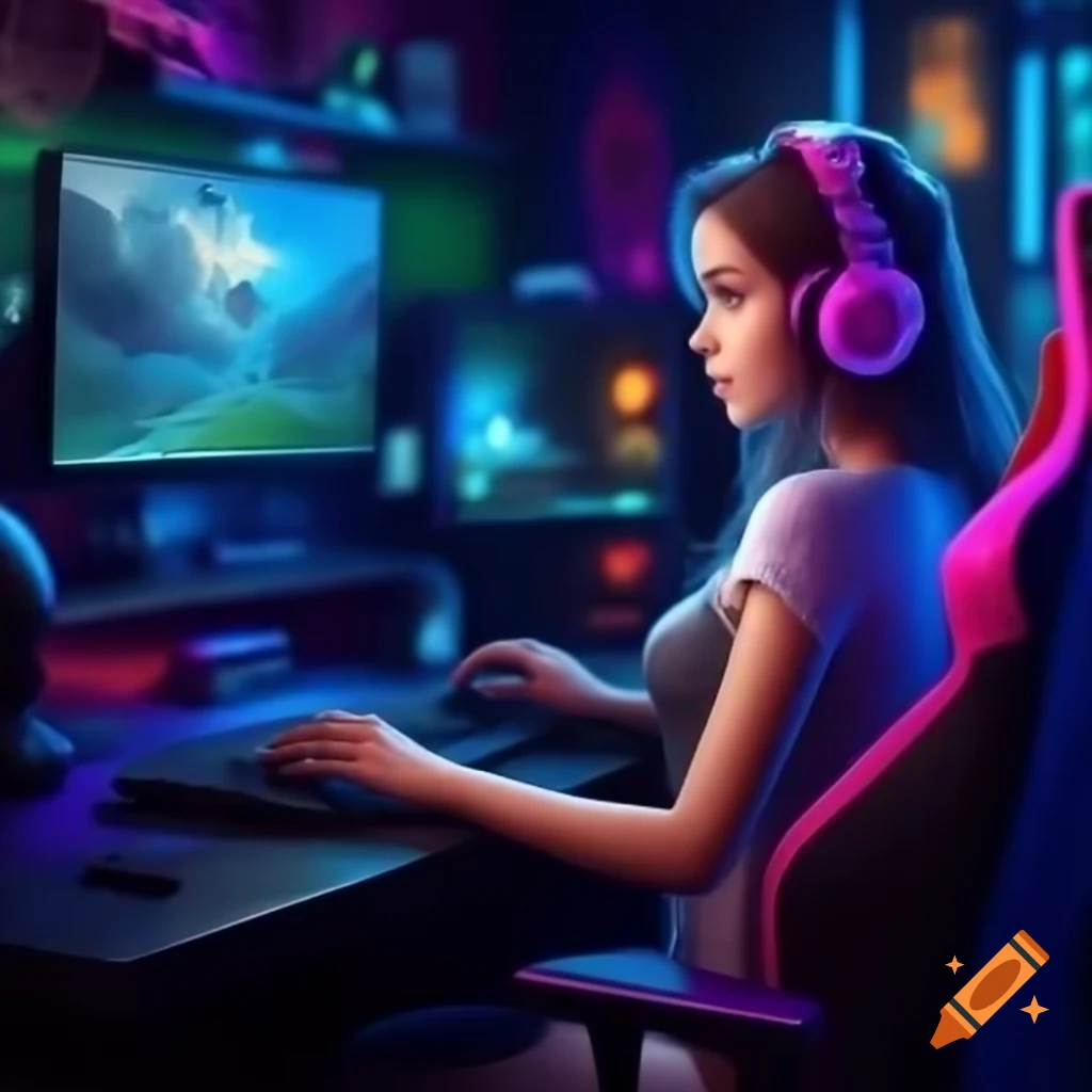 Stylish female gamer immersed in video game on Craiyon