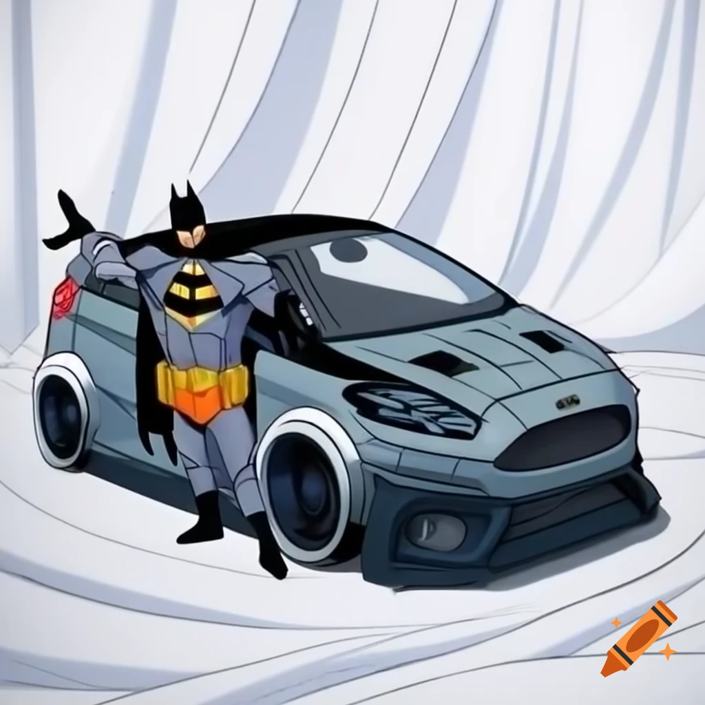 Batman posing with custom Ford Fiesta in graphic DC comics style on Craiyon
