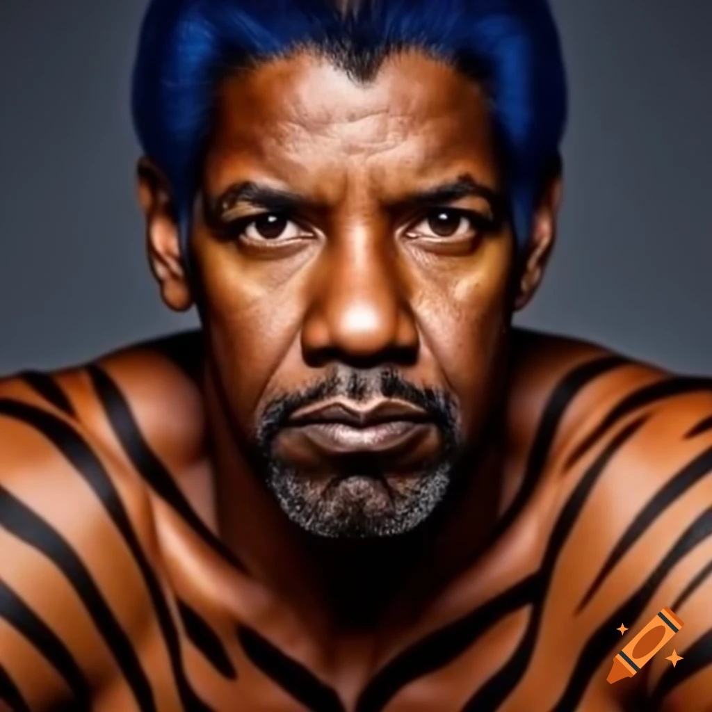 Muscular man with tiger-style makeup featuring blue hair and orange ...