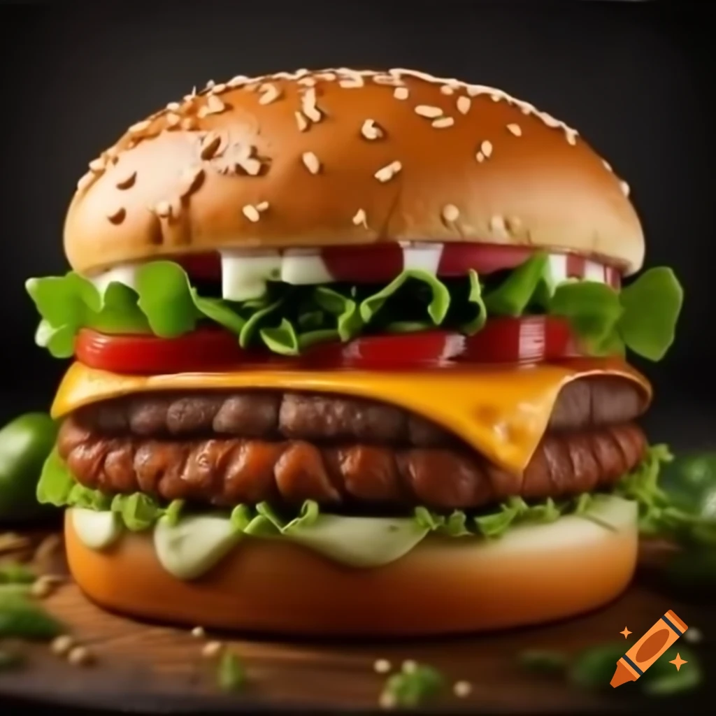 Realistic spicy burger with fresh ingredients on Craiyon