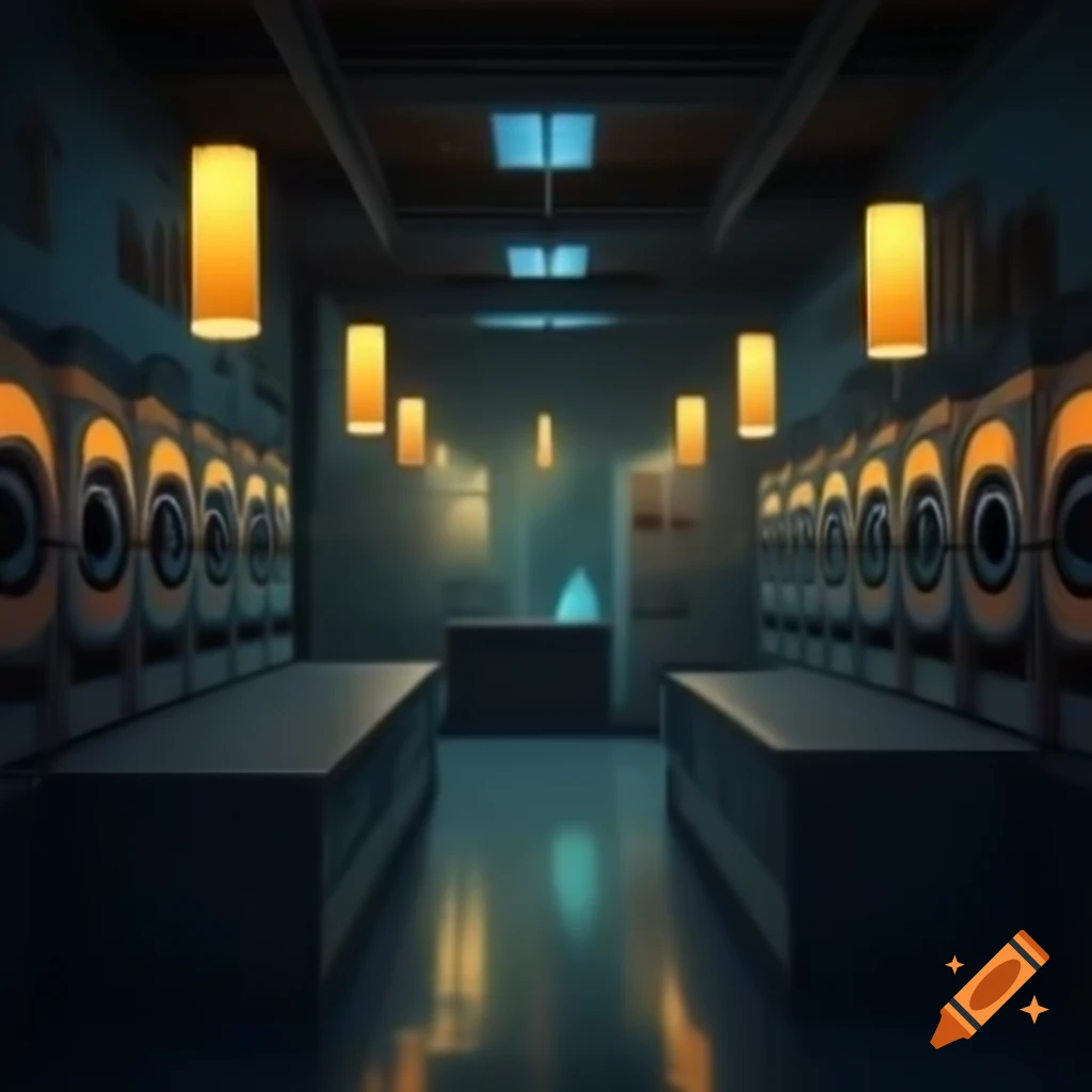 Anime-style cozy laundry shop with washing extractors on Craiyon