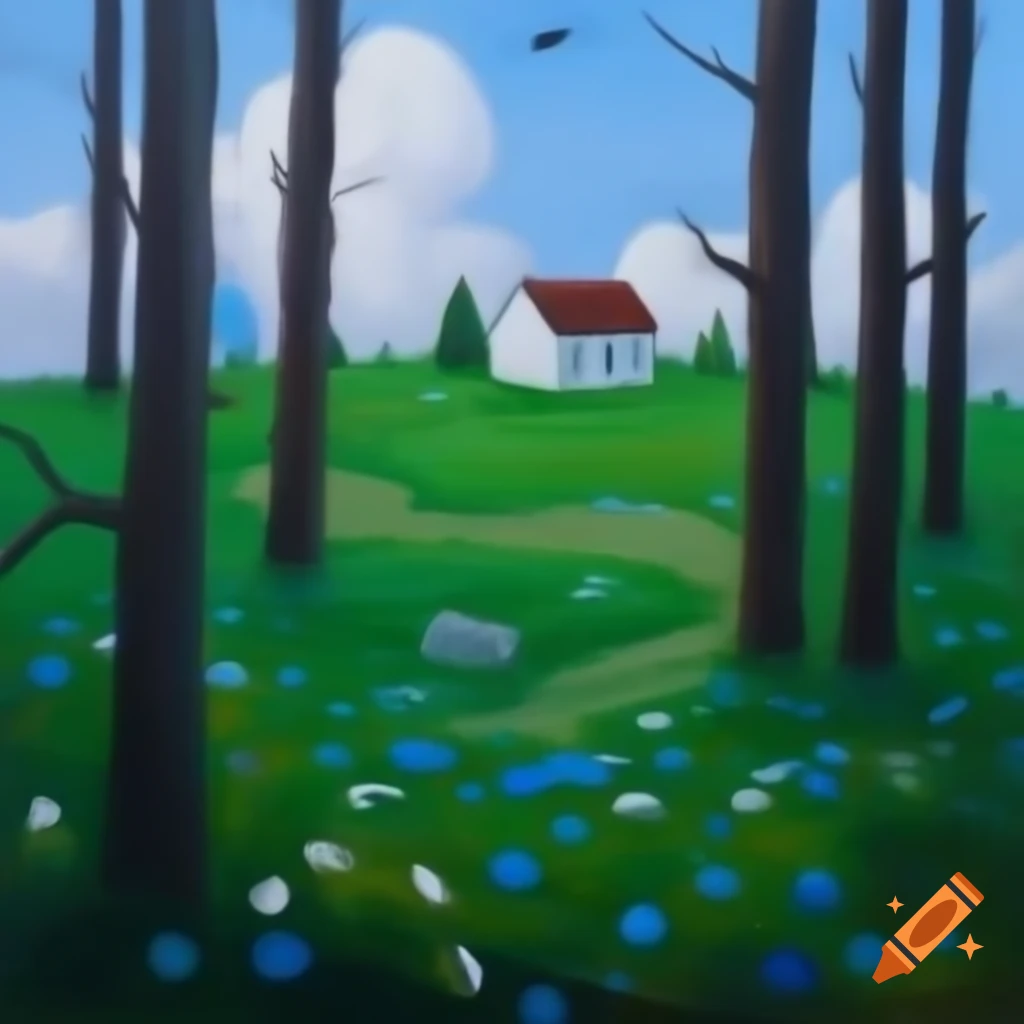 Divided painting featuring cozy house on green hill with flowers and ...