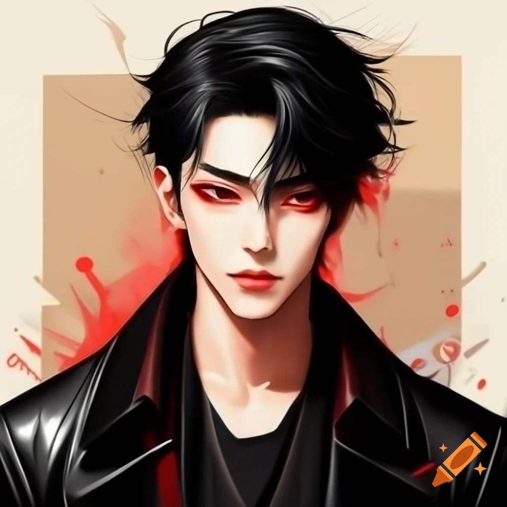 Anime character with black hair and red tips, one brown and one white ...