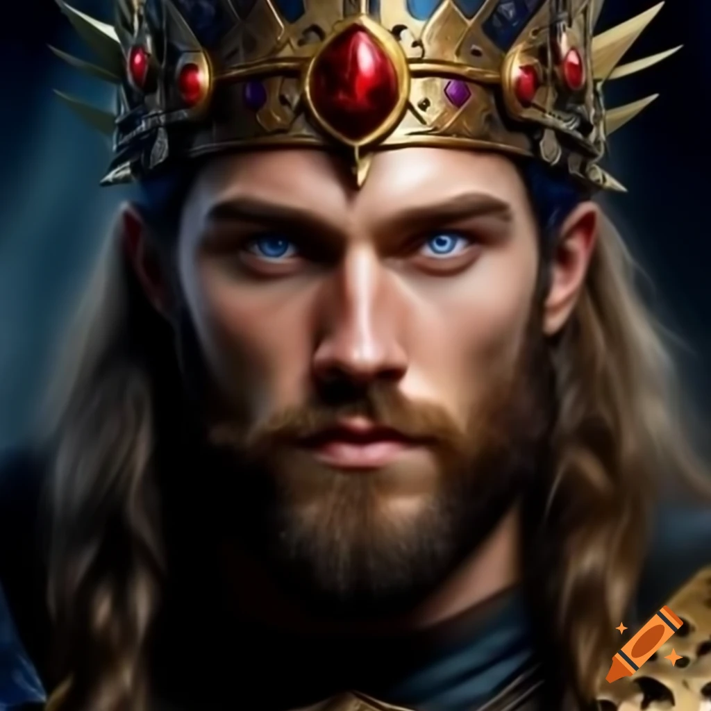 Handsome medieval king in black daedric armor and golden crown with ...