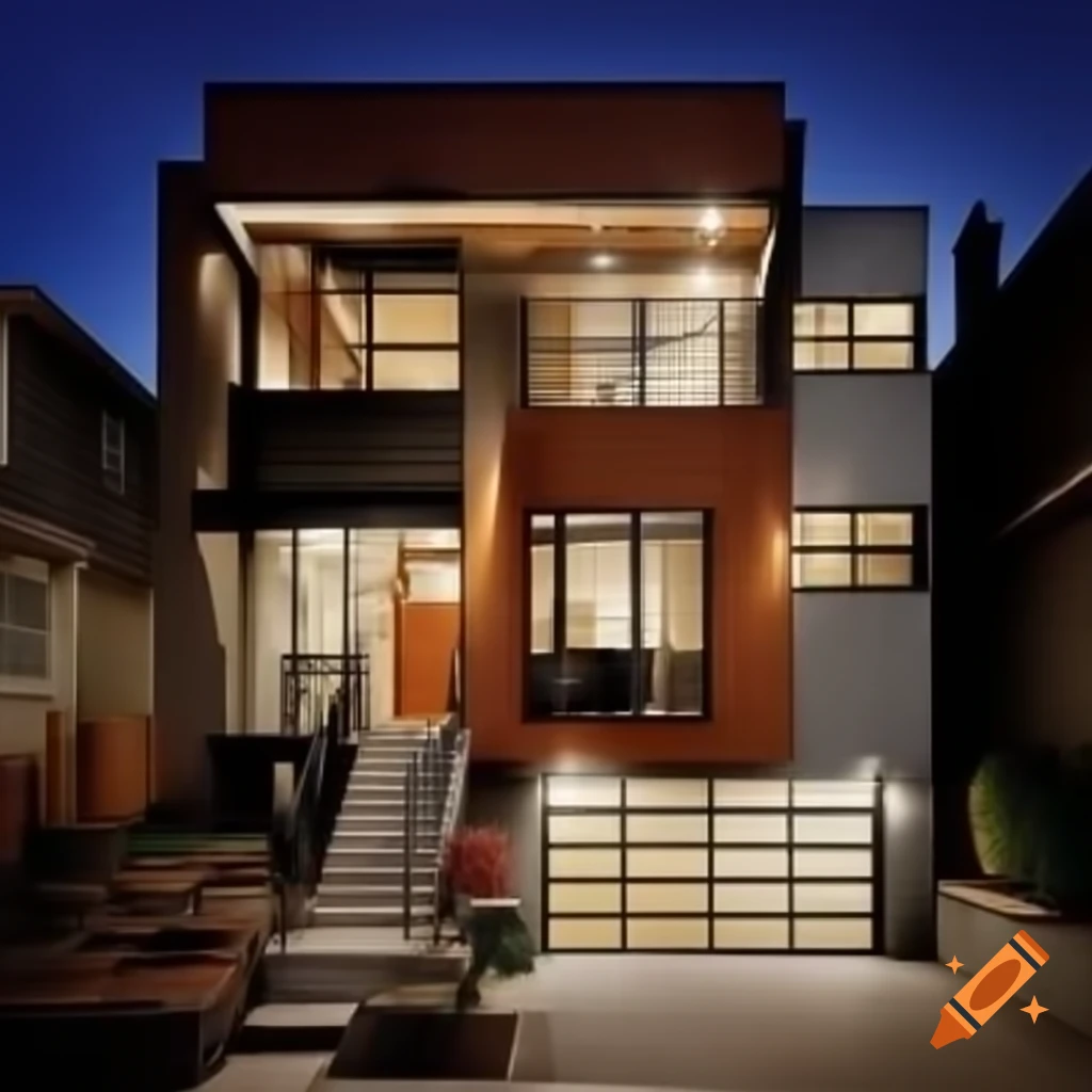 Wide-angle view of a welcoming two-story modern house on Craiyon