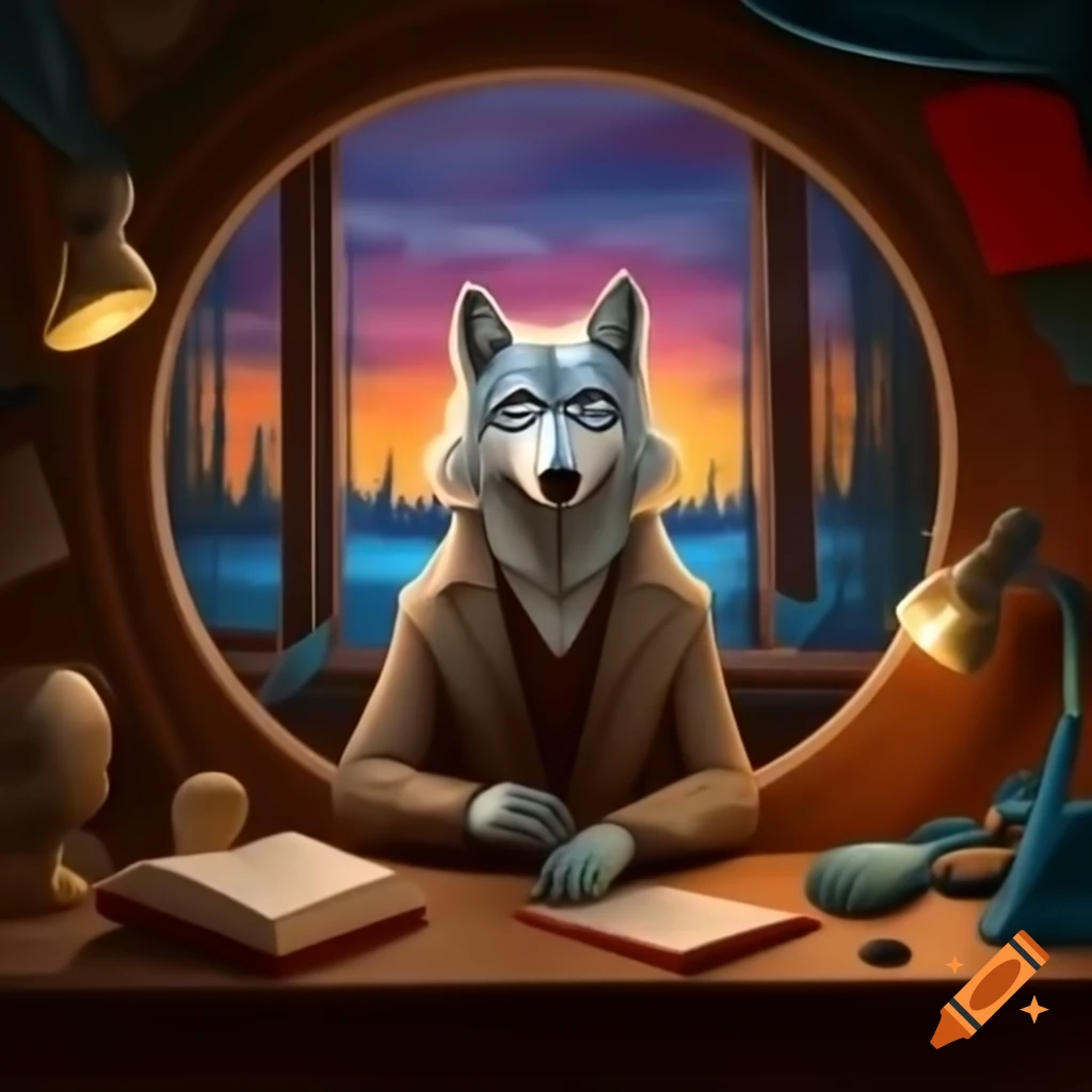 Humanoid arctic wolf in victorian-style study with sunset light on Craiyon