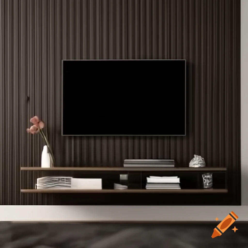 Grey wall with 1.2m tv and black high gloss floating shelf on dark ...
