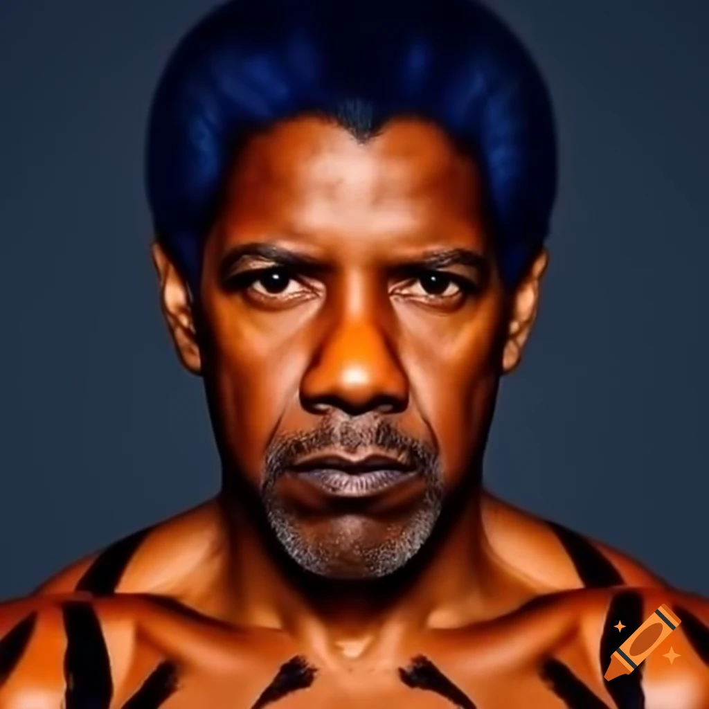 Muscular figure resembling Denzel Washington with tiger-style makeup ...