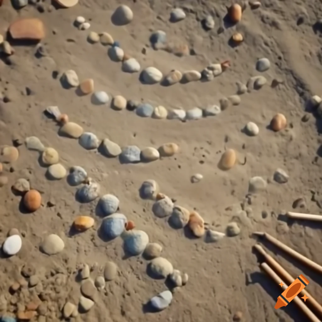 Watercolor artwork of pebbles and sticks in sand creating patterns on ...