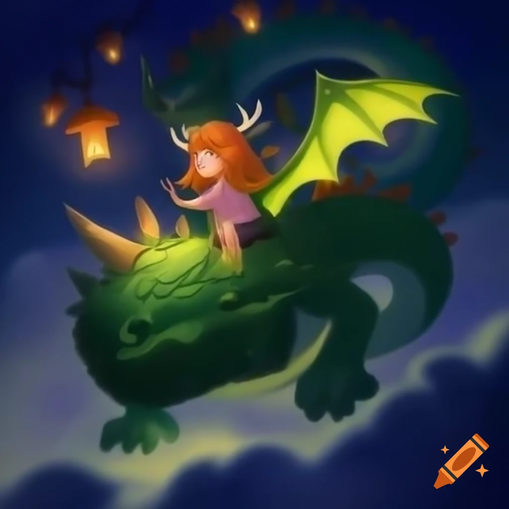 Girl riding magical deer-dragon hybrid creature among clouds and ...