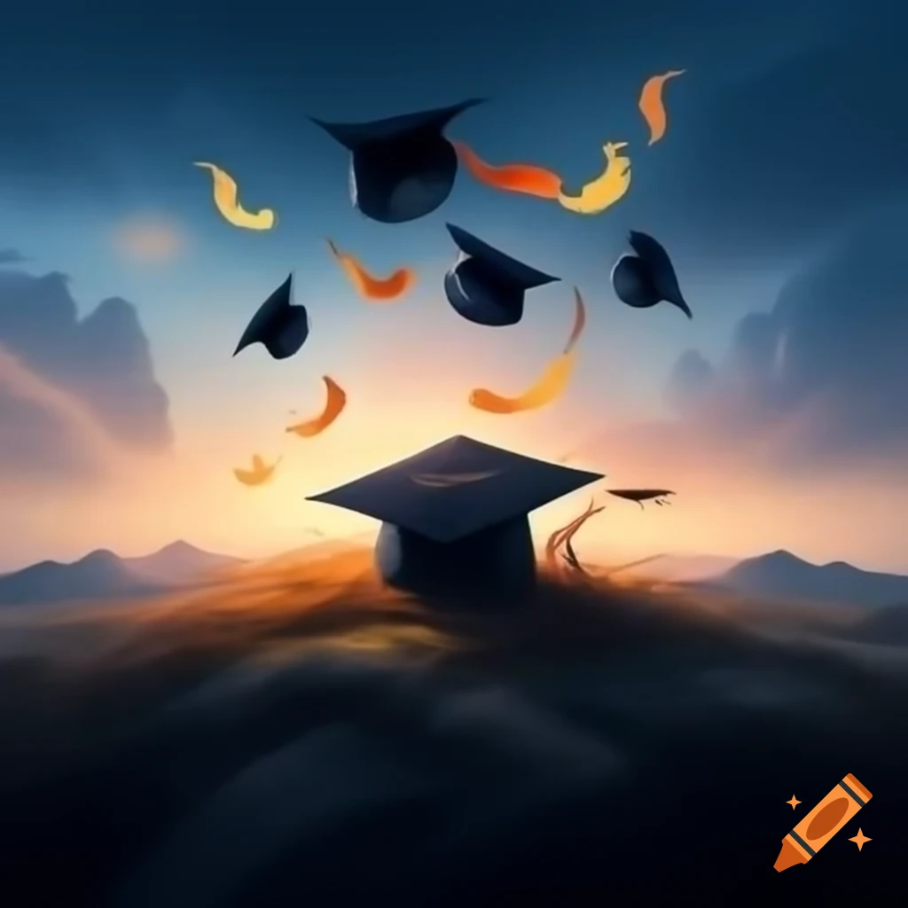 Graduates celebrating in a landscape graduation poster on Craiyon