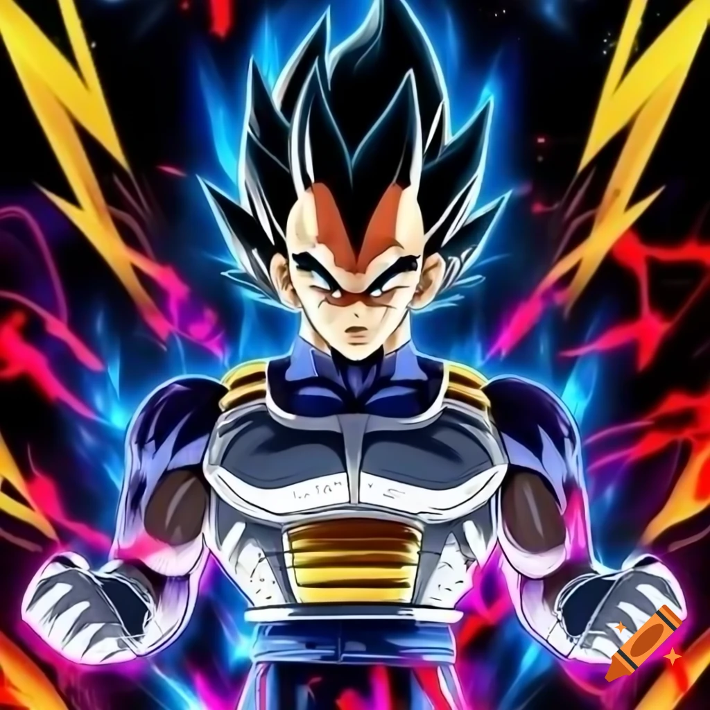 Vegeta showcasing muscular form with fierce expression and energy aura ...