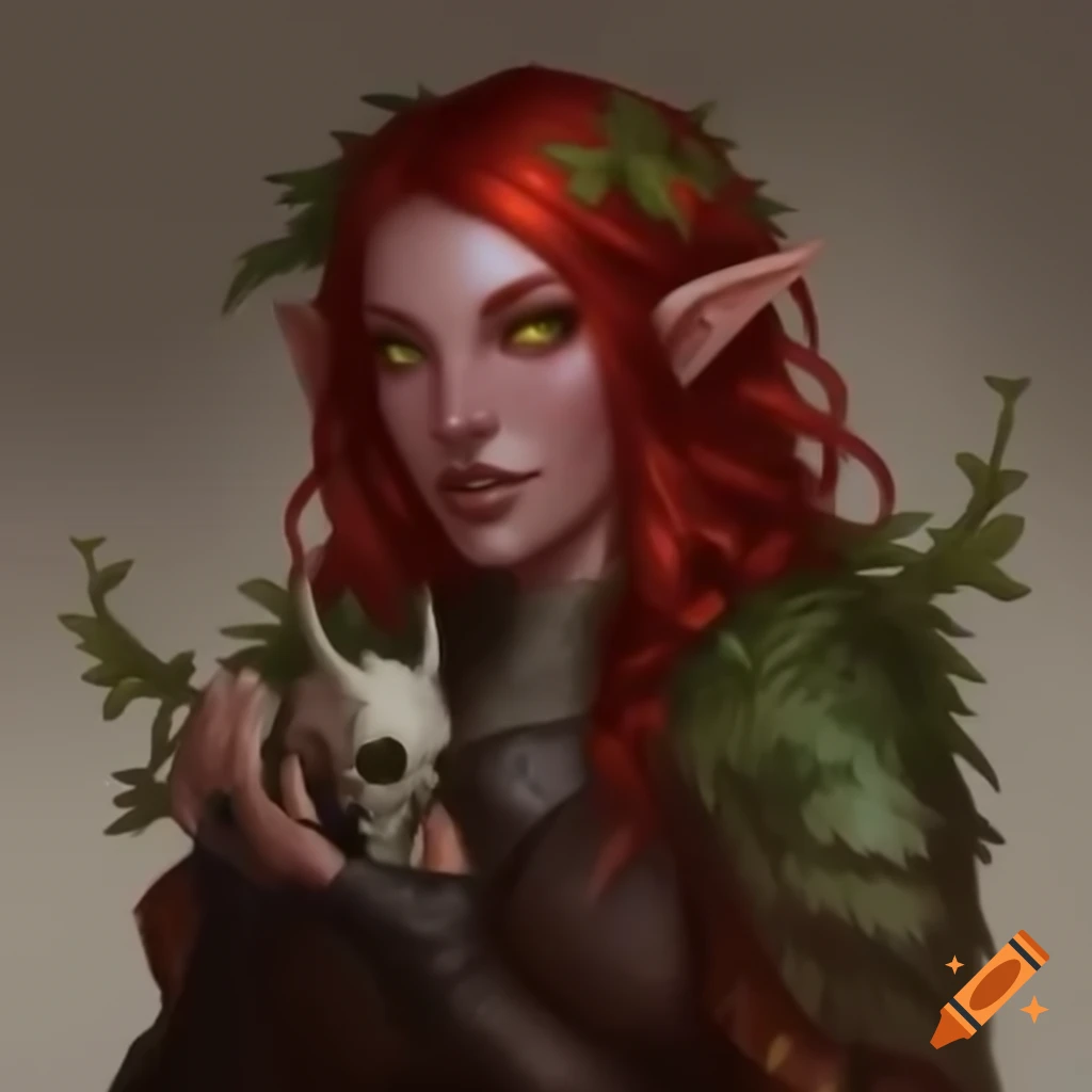 Female druid with red hair in leafy armor holding deer skull on Craiyon