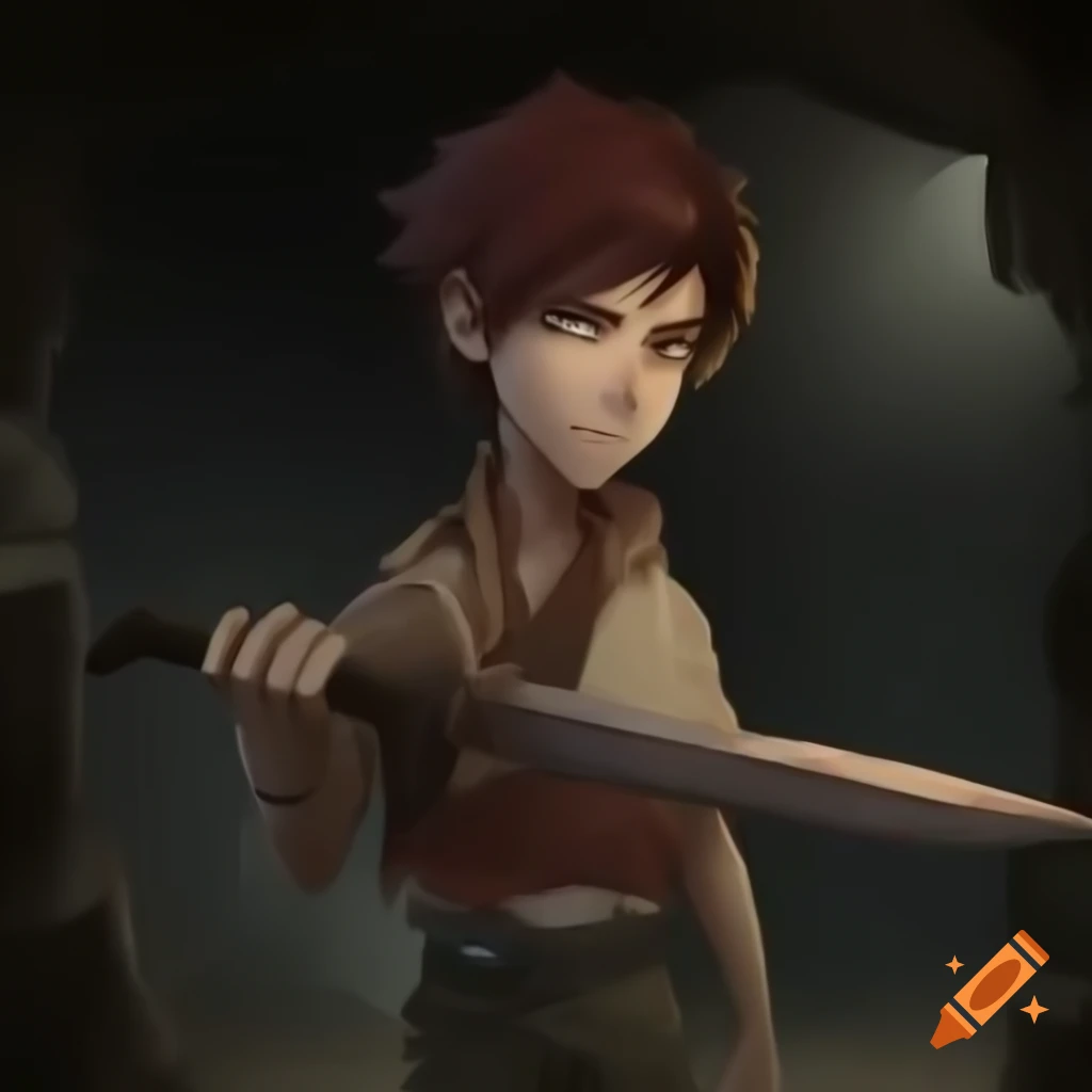 Anime-style weak hunter with rusty dagger in dark dungeon on Craiyon