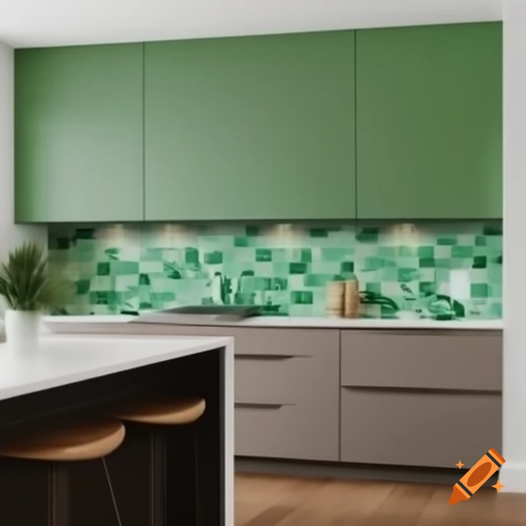 Modern kitchen with vibrant green subway tile backsplash on Craiyon