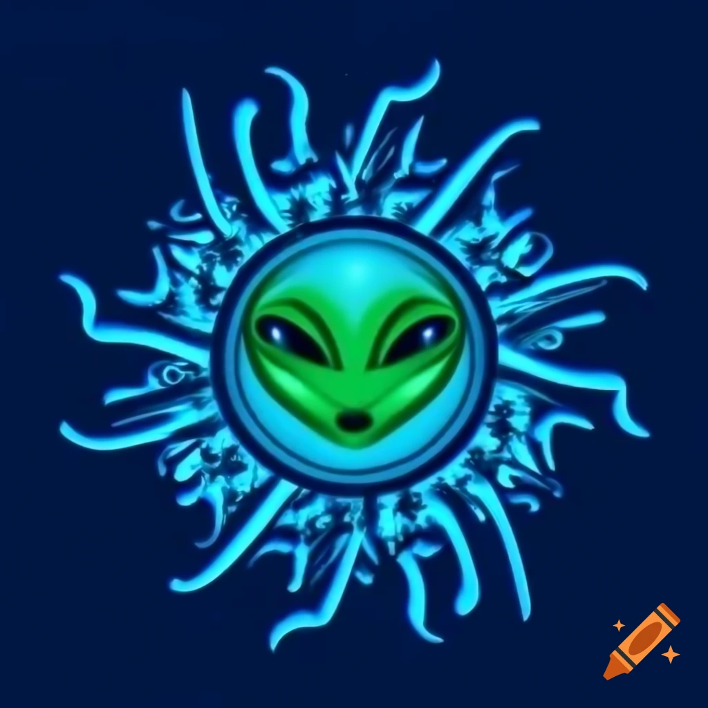 Aliens in circular formation in blue outer space with emerald eyes and ...