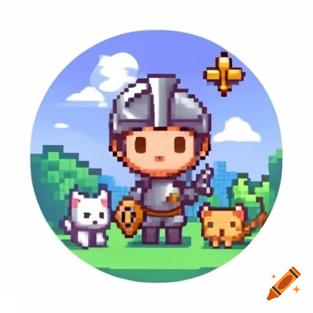 Cute knight surrounded by cats in pixel art style on Craiyon