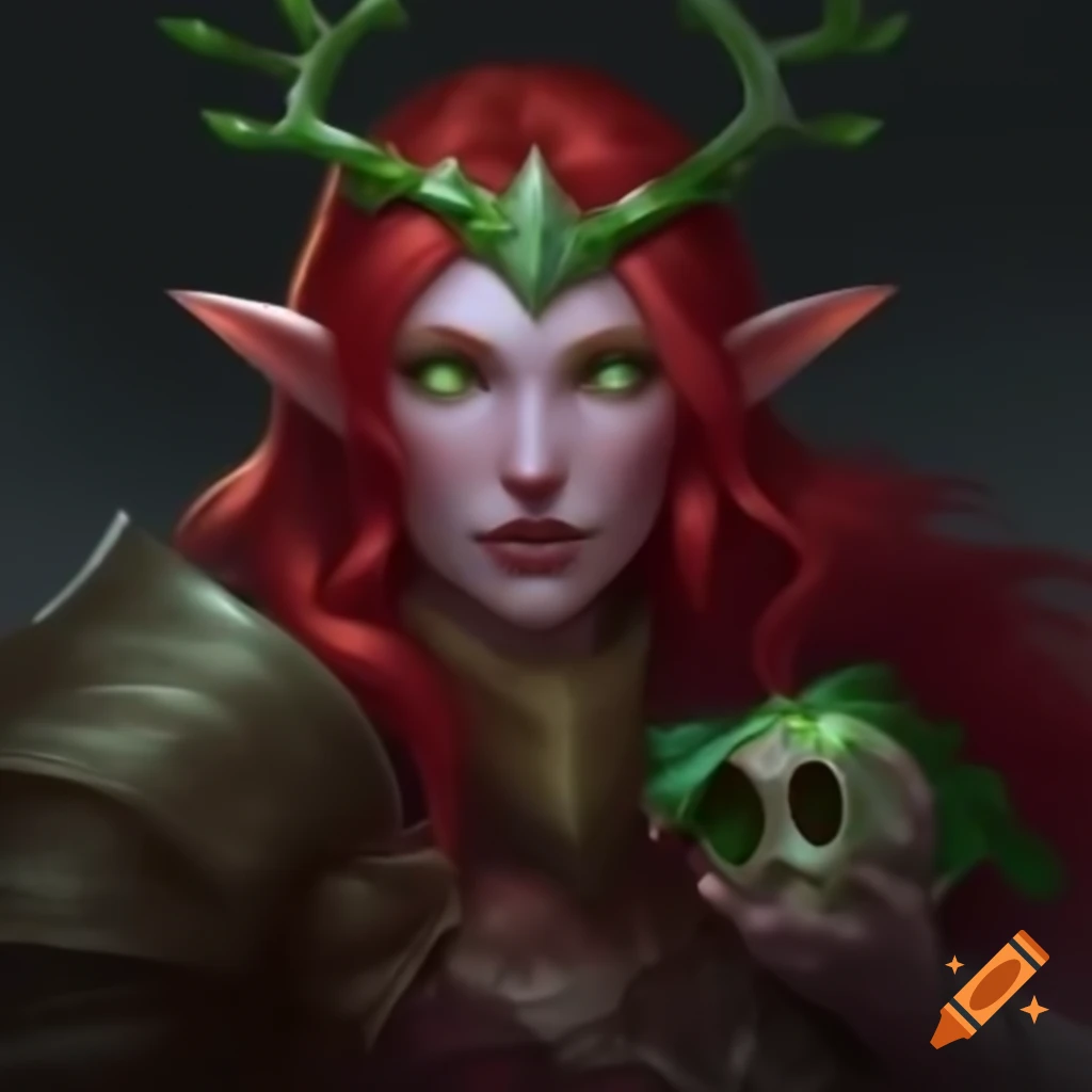 Female druid with red hair and green eyes in leafy armor holding deer ...