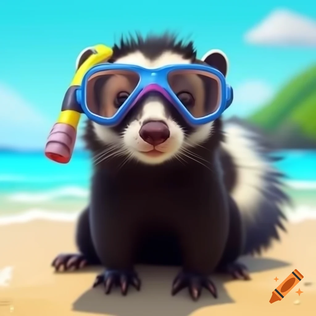 Anthropomorphic skunk with snorkel and goggles at sunny beach, digital ...