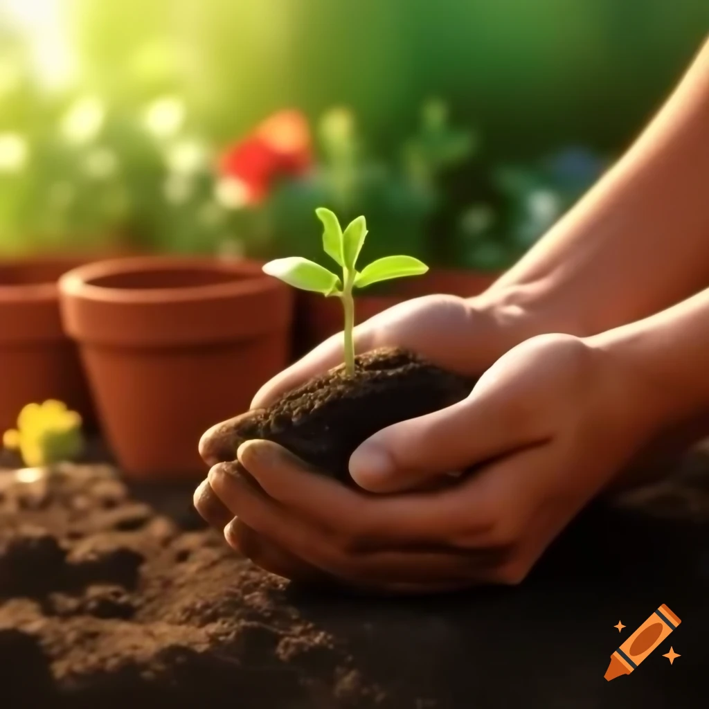 Close-up of hand holding sprouting seedling in fertile soil with ...