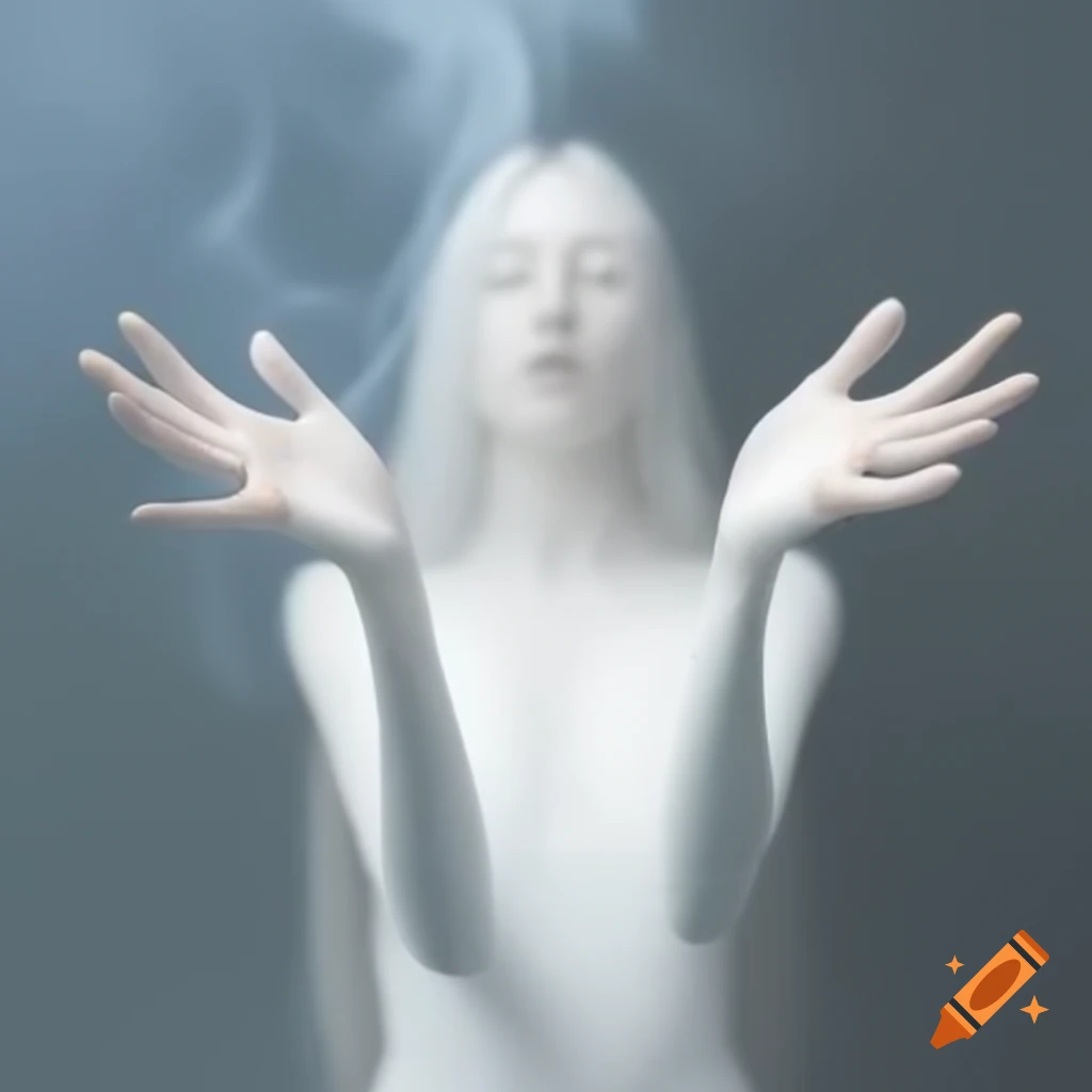 Ethereal white female figure resembling mist with outstretched arms on ...