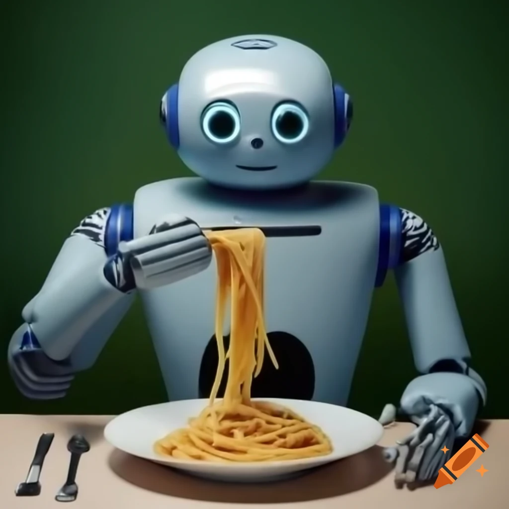 Robot enjoying a plate of spaghetti on Craiyon