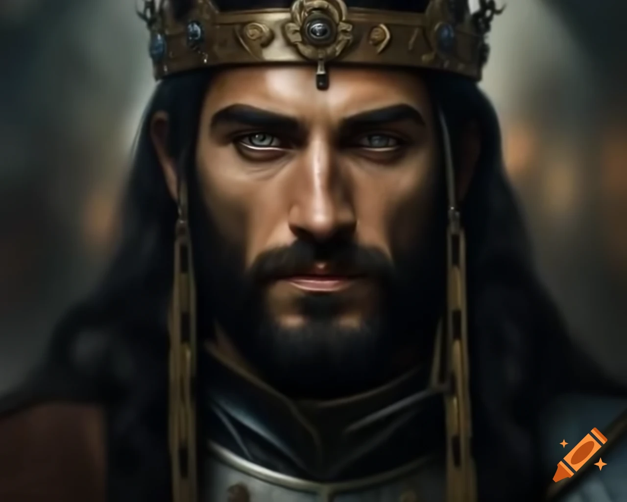 Realistic portrait of crowned Byzantine prince with long dark hair and ...