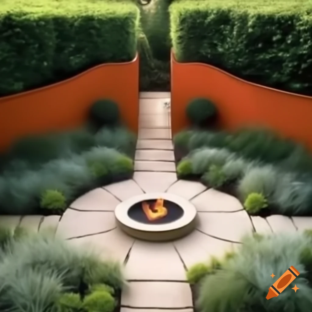 Small garden with circular stone path, fire pit, and fruit trees ...
