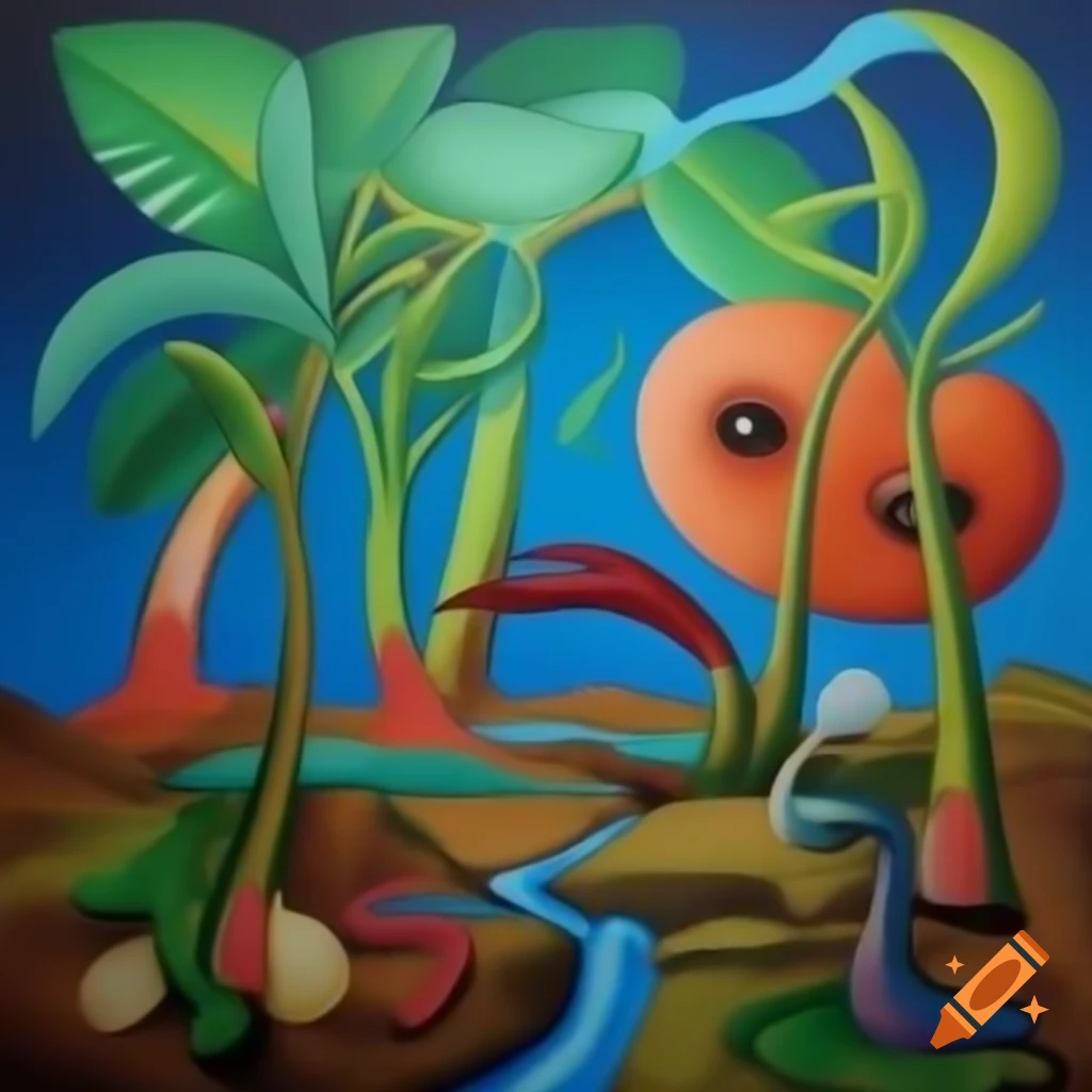 Whimsical surreal composition with bold colors featuring tropical ...