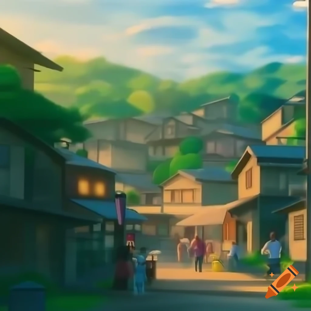 Happily bustling village bathed in soft sunlight, inspired by Studio ...