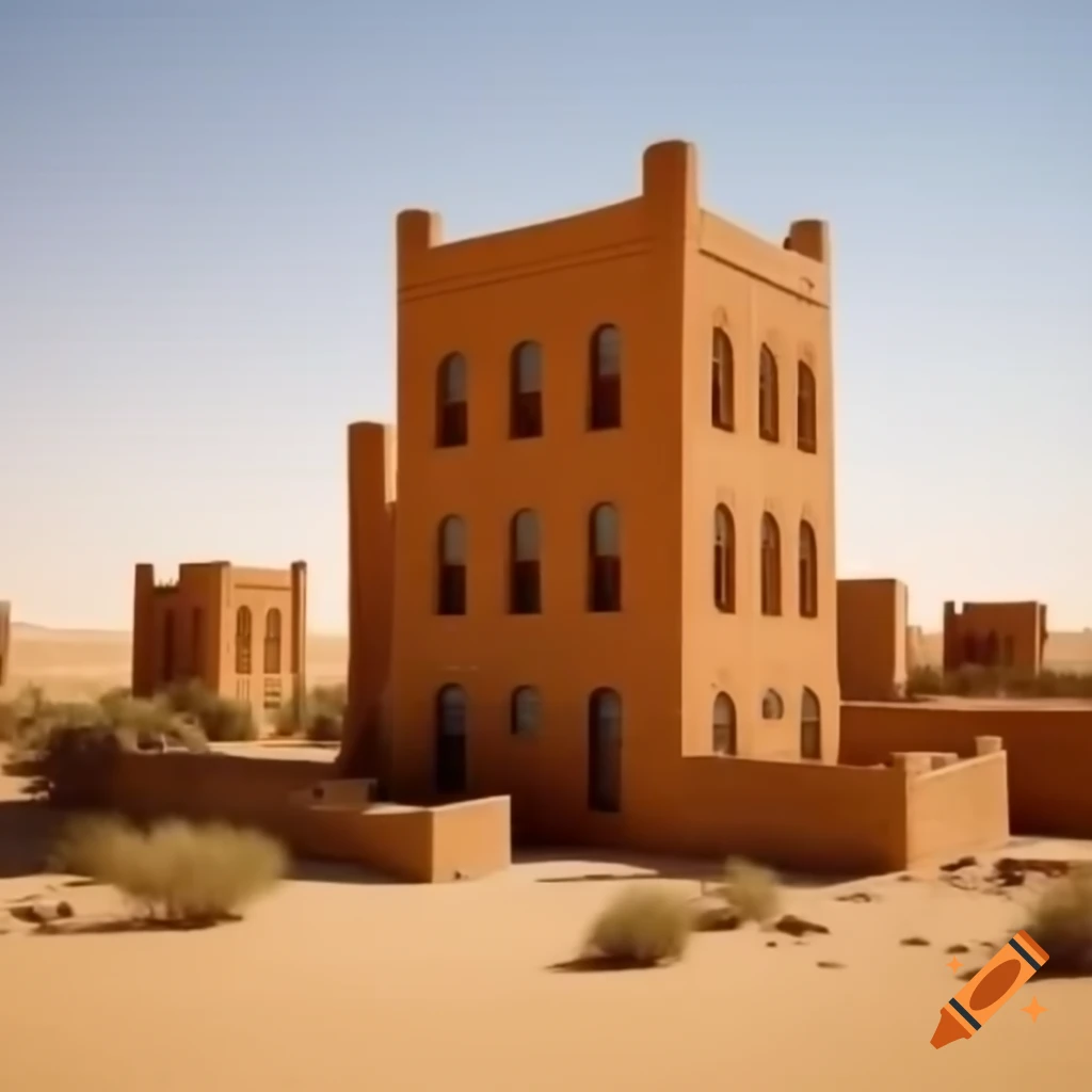 Brick building resembling Yazd architecture in desert landscape on Craiyon