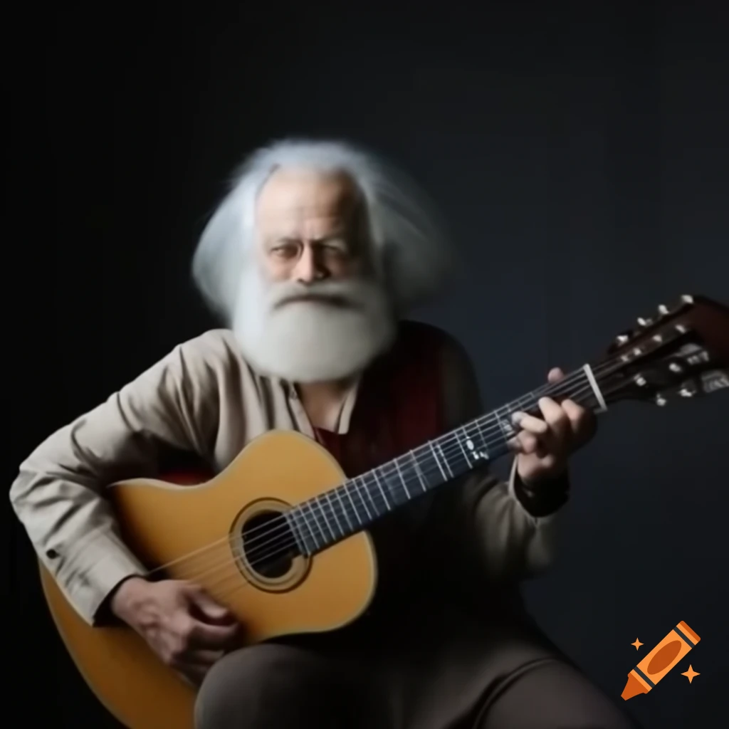 Karl Marx as contemporary folk musician with guitar in 1970s hippy ...