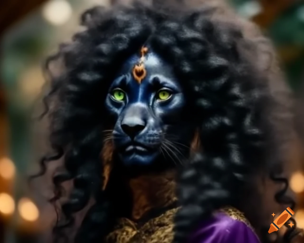Humanoid blue black lioness goddess with curly hair in purple gown on ...