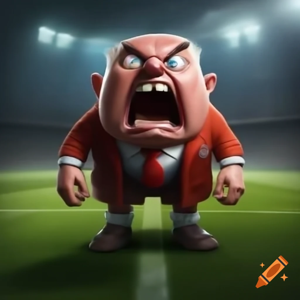 Angry robot soccer manager in suit on football pitch, named memogpt on ...