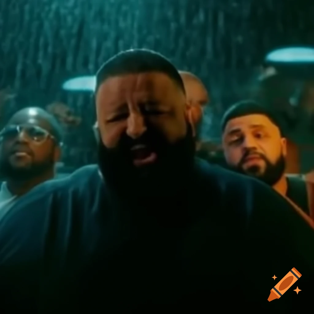 Giant figure resembling DJ Khaled crying while rain falls on a smaller ...